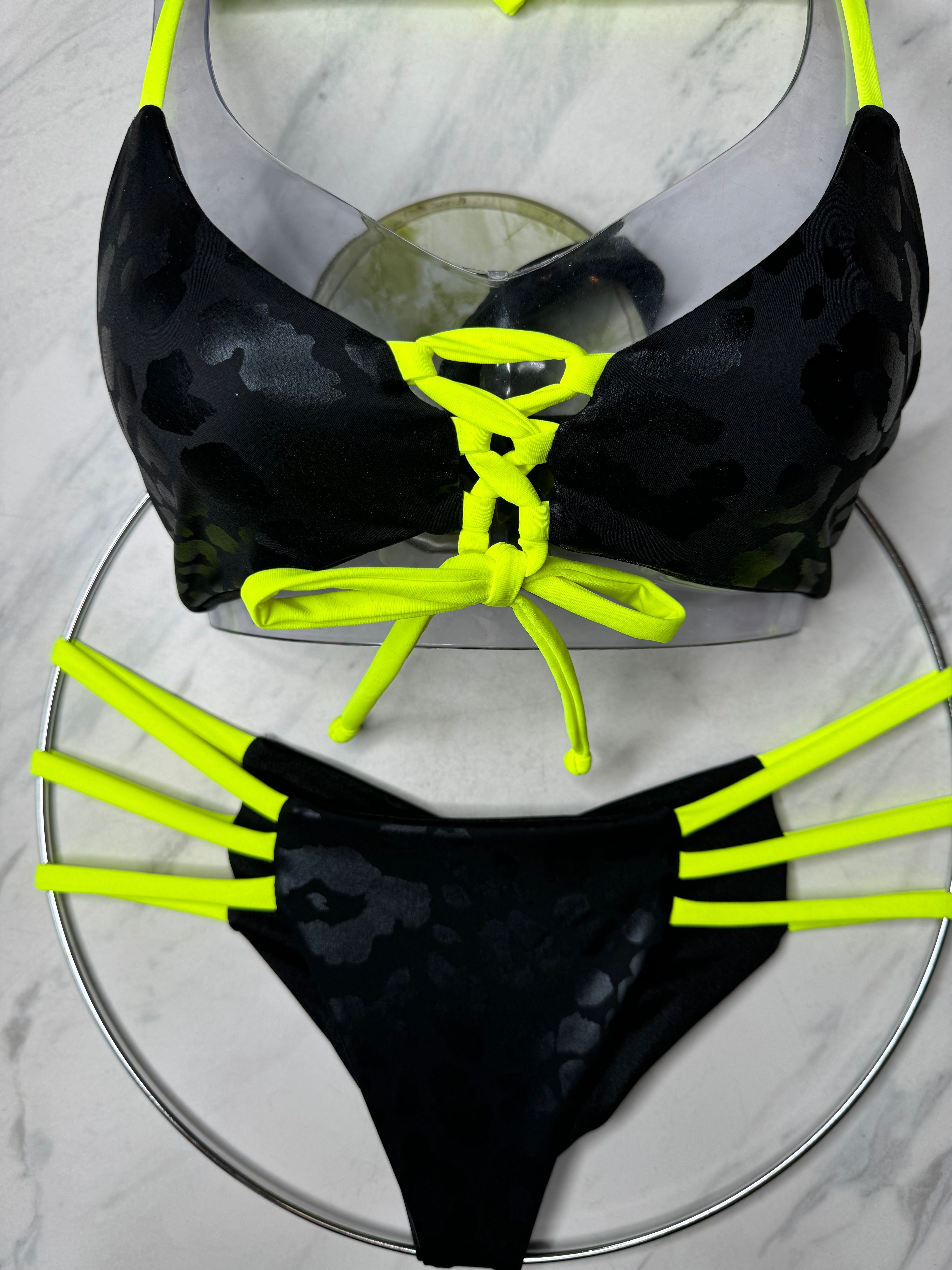 Black Leopard Reversible Bottom with Neon Yellow Strings – Fede Swimwear